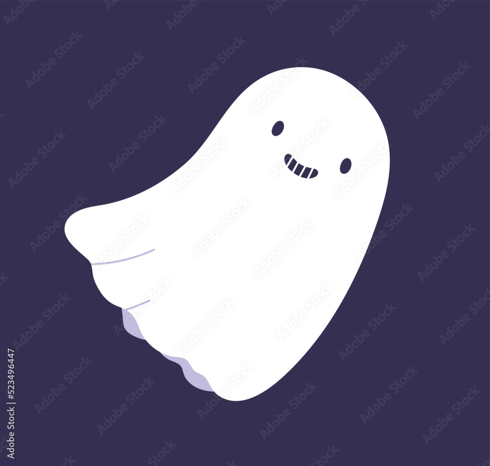 Cute ghost character floating. Funny Halloween smiling spook flying ...