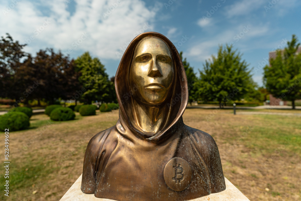 Portrait of the statue of Satoshi Nakamoto mysterious founder of ...