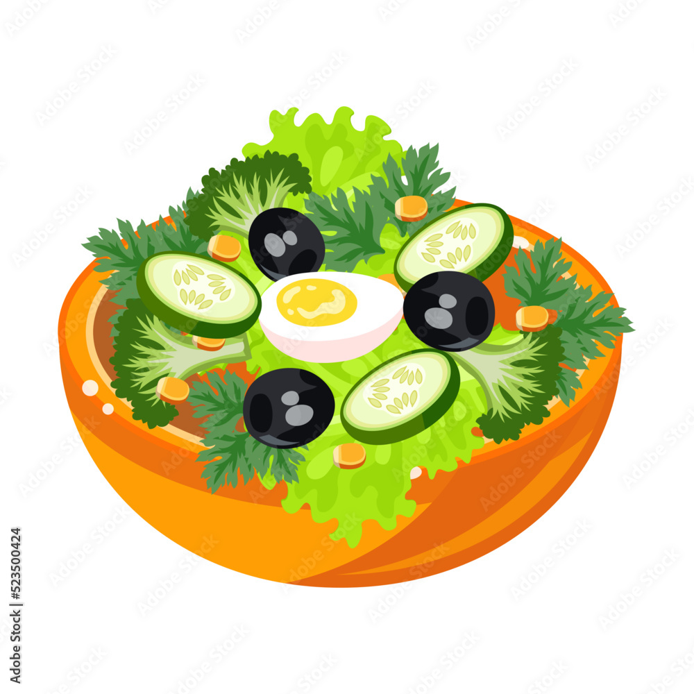 Salad illustration in cartoon style. Vegetable, fish and meat salad ...