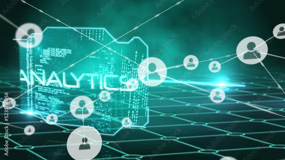 Animation of profile icons connecting dots, data processing on digital interface with grids ...