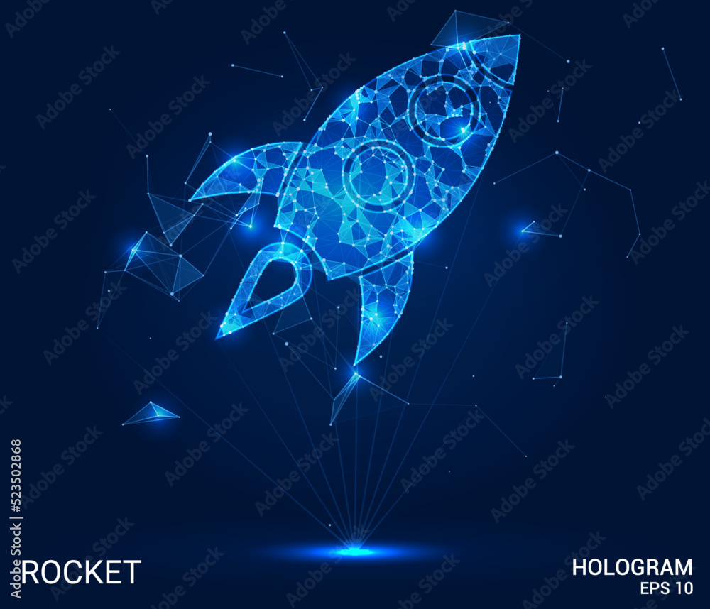 The hologram is a rocket. A spaceship made of polygons, triangles of ...