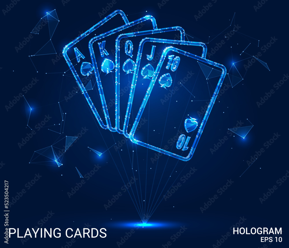 Hologram playing cards. A royal flush of polygons, triangles of points ...