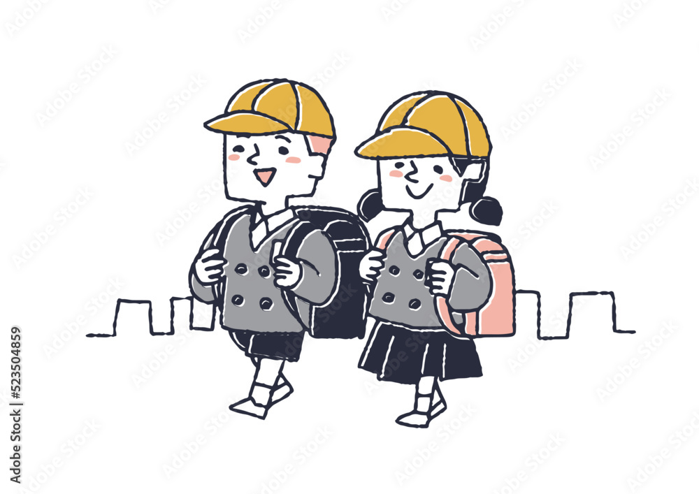 元気よく登校する男女二人の児童 春に小学校に入学する子どもに関するイラスト vector de Stock | Adobe Stock