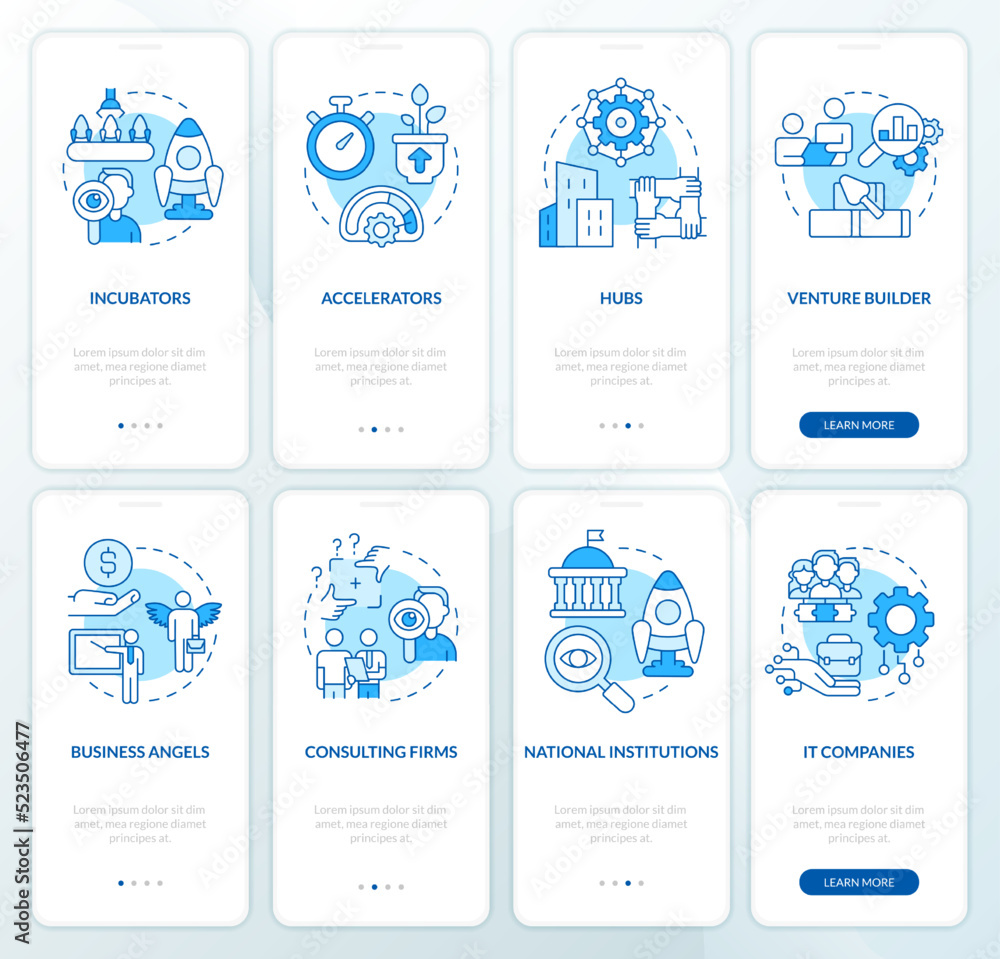 Startup financing options blue onboarding mobile app screen set ...