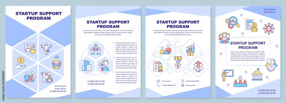 Startup support program purple brochure template. Leaflet design with ...