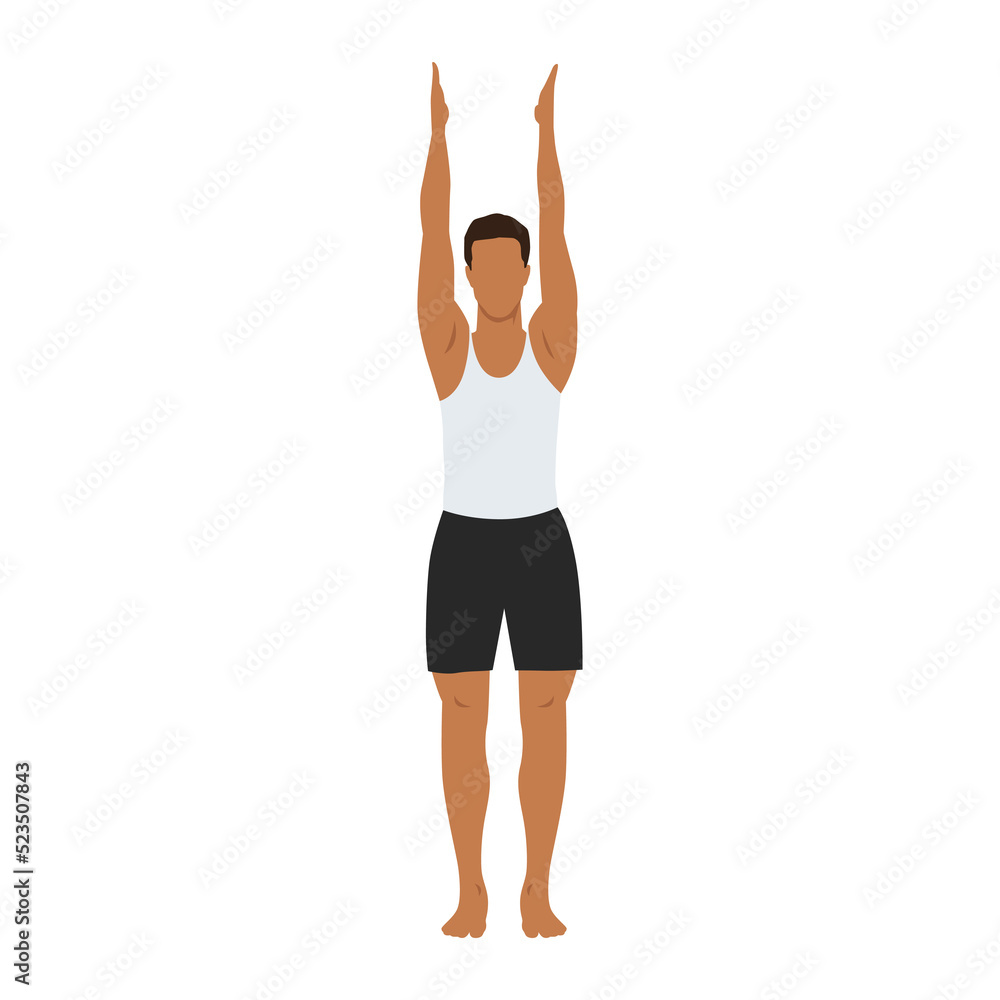 Man doing Upward salute pose urdhva hastasana exercise. Flat vector ...