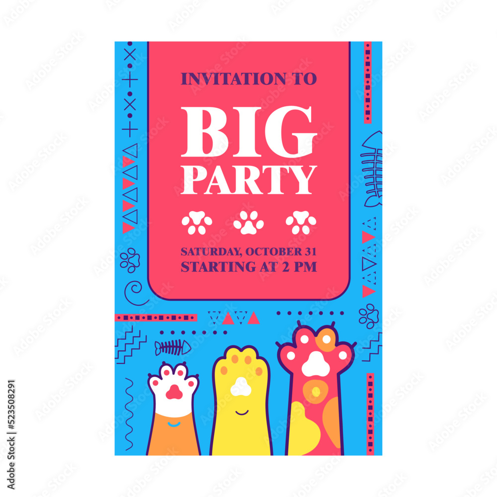 Invitation design with soft cat paws. Bright cozy meow party ...