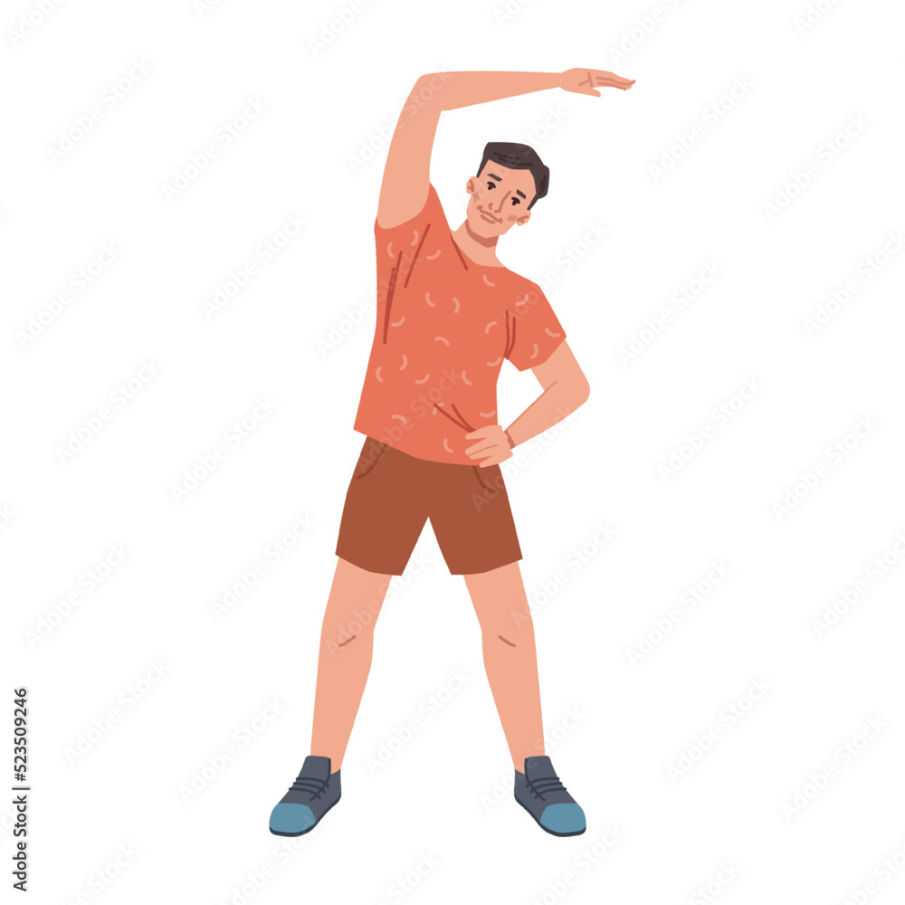 Cartoon person training stretching hand aside, yoga fitness classes ...