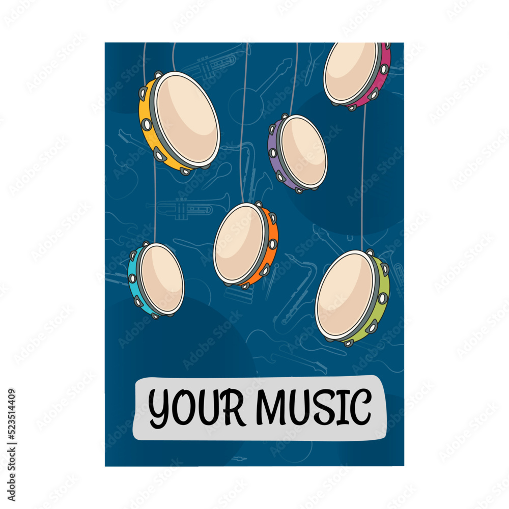 Bright brochure designs with musical instruments. Colored drums and ...