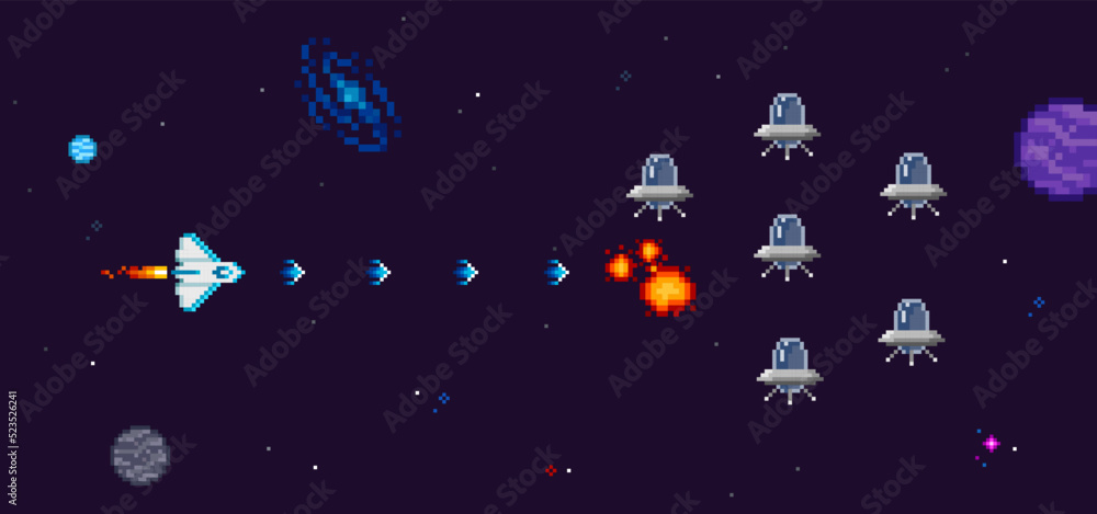 8-bit pixel game Space battle concept in pixel art style. Retro 8-bit ...