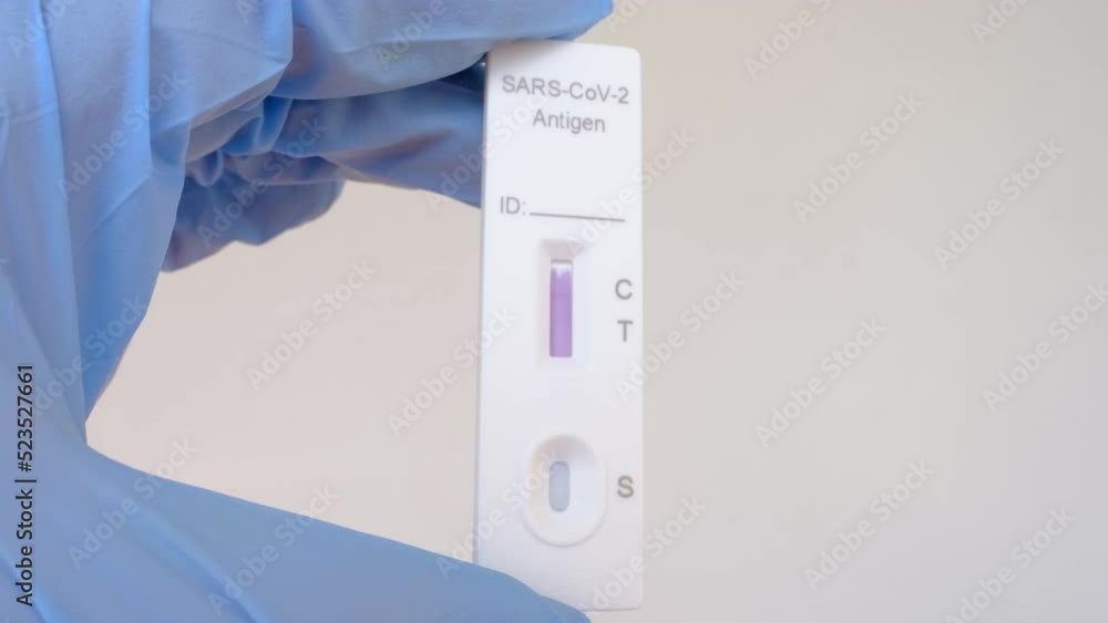 closeup female hands holding PCR test cassette, strip is painted over ...