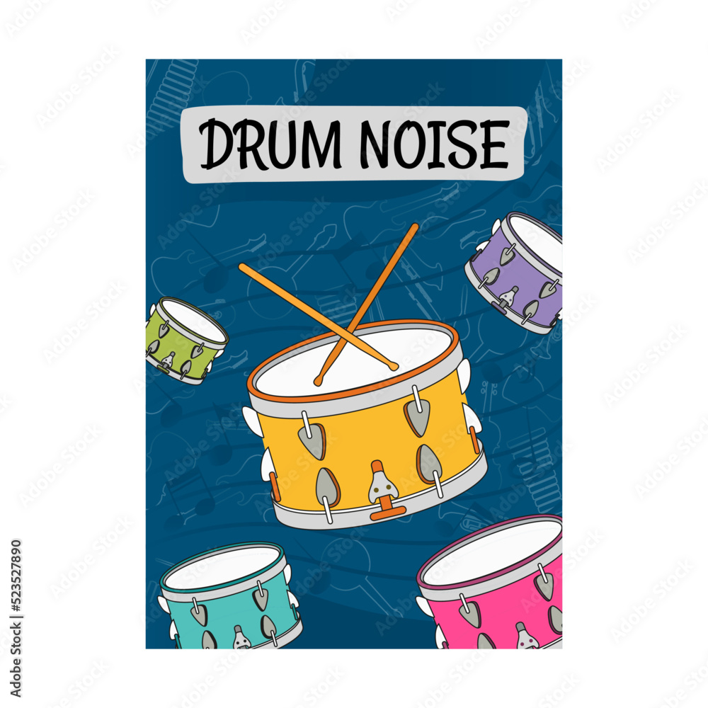 Bright brochure designs with musical instruments. Colored drums ...