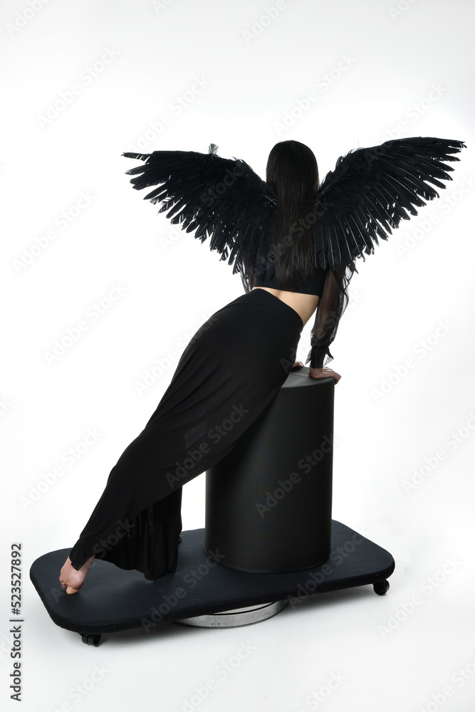 full length portrait of beautiful asian model with dark hair, wearing ...