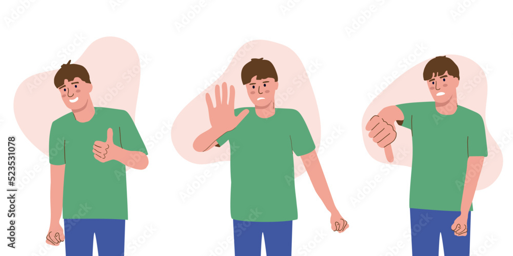 A man shows signs with his hands. Gestures of approval and disapproval ...