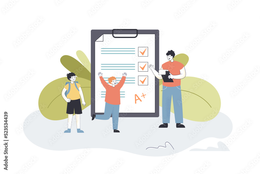 Vektorová grafika „Happy students and teacher celebrating success test ...