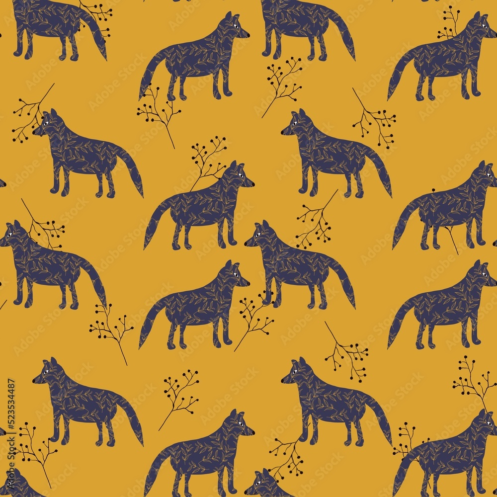 Seamless pattern with wolves with botanical ornament. Forest animals ...