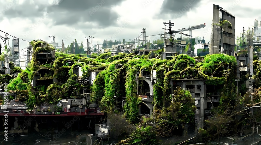 Nature reclaiming apocalyptic overgrown industrial nuclear city ...