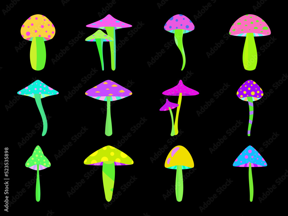 Set of icons of psychedelic mushrooms. Acid trip, bright colorful ...