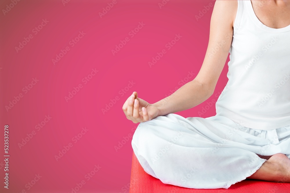 Girl feeling zen. Cute girl meditating unite with nature, hold hands ...