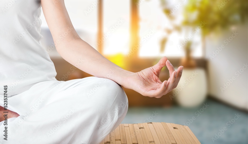 Girl feeling zen. Cute girl meditating unite with nature, hold hands ...