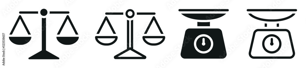 Set of scales icons. Scales of justice symbols. Law judgment punishment ...