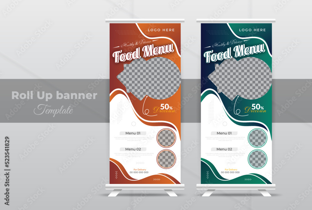 Modern food rollup banner design for restaurant. Vertical, roll-up ...