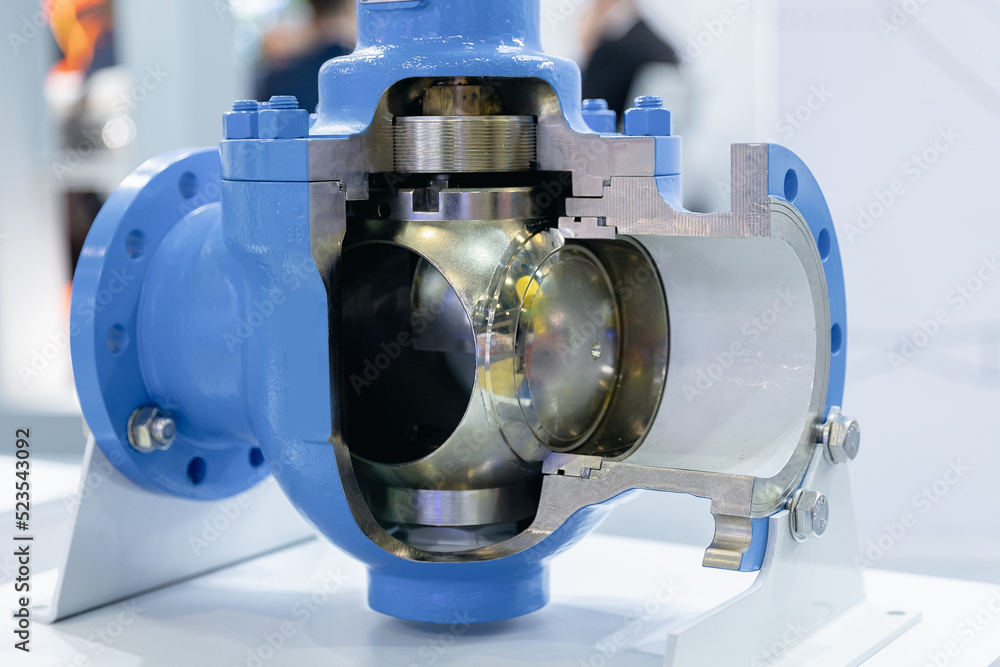 Demonstration of work model cutaway shut-off valve on oil or gas pipe ...