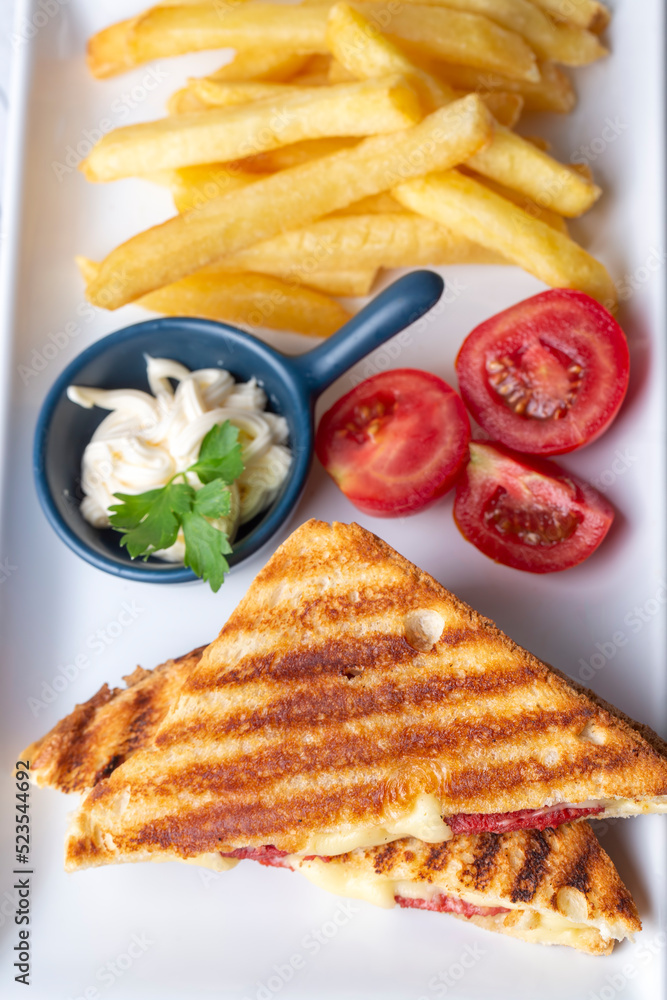 Turkish toast, mixed toast with cheddar cheese, sausage and ham, with ...