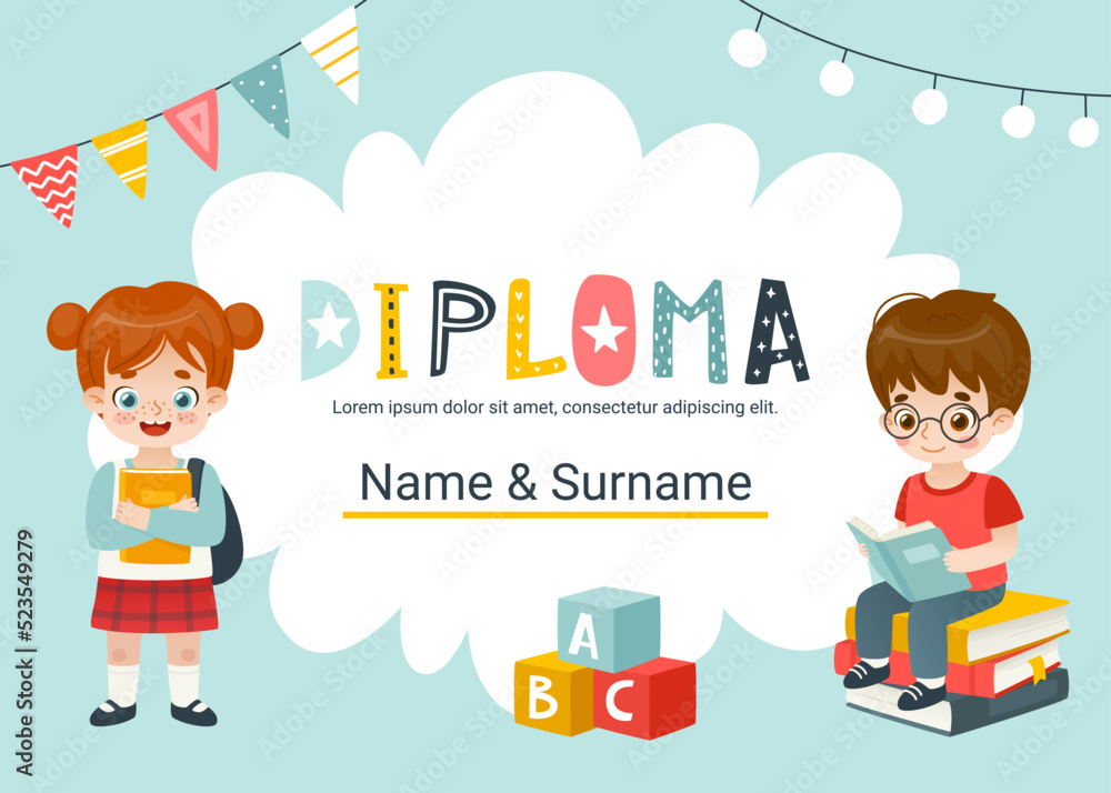 Diploma template with cartoon kids and books. Certificate design with ...