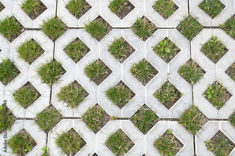 Geometric gray concrete tile with eco-parking cells wth a hole for ...