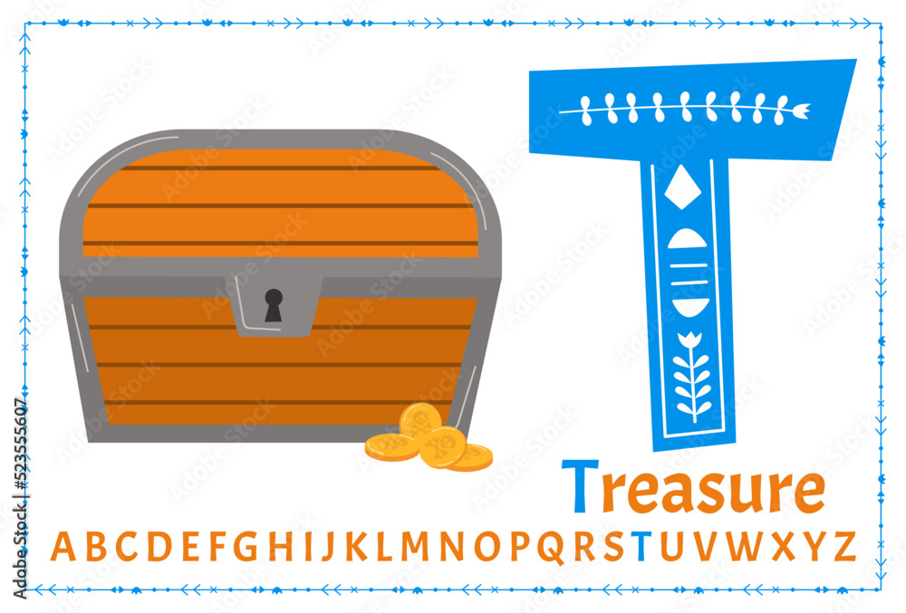 Vector alphabet on sea pirate's theme. Letter T. Treasure chest. Stock ...