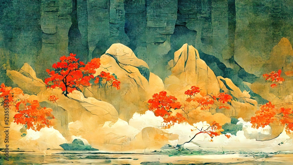 Autumn, fall, traditional chinese painitng. 4K background, chinese ink ...