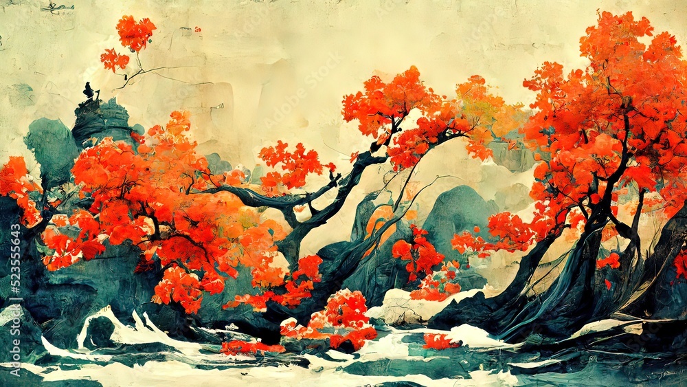 Autumn, fall, traditional chinese painitng. 4K background, chinese ink ...