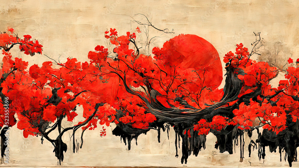 Traditional painting chinese ink red landscape. Painting of hills ...