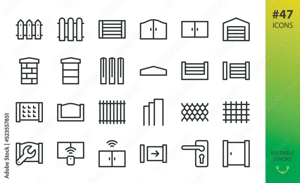 Fence and gates isolated icons set. Set of fence panel, garage with ...