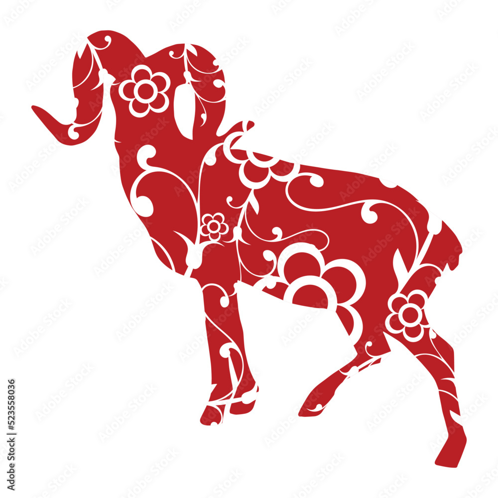 Hand drawn red goat with flowers and leaves ornaments, paper cut art ...