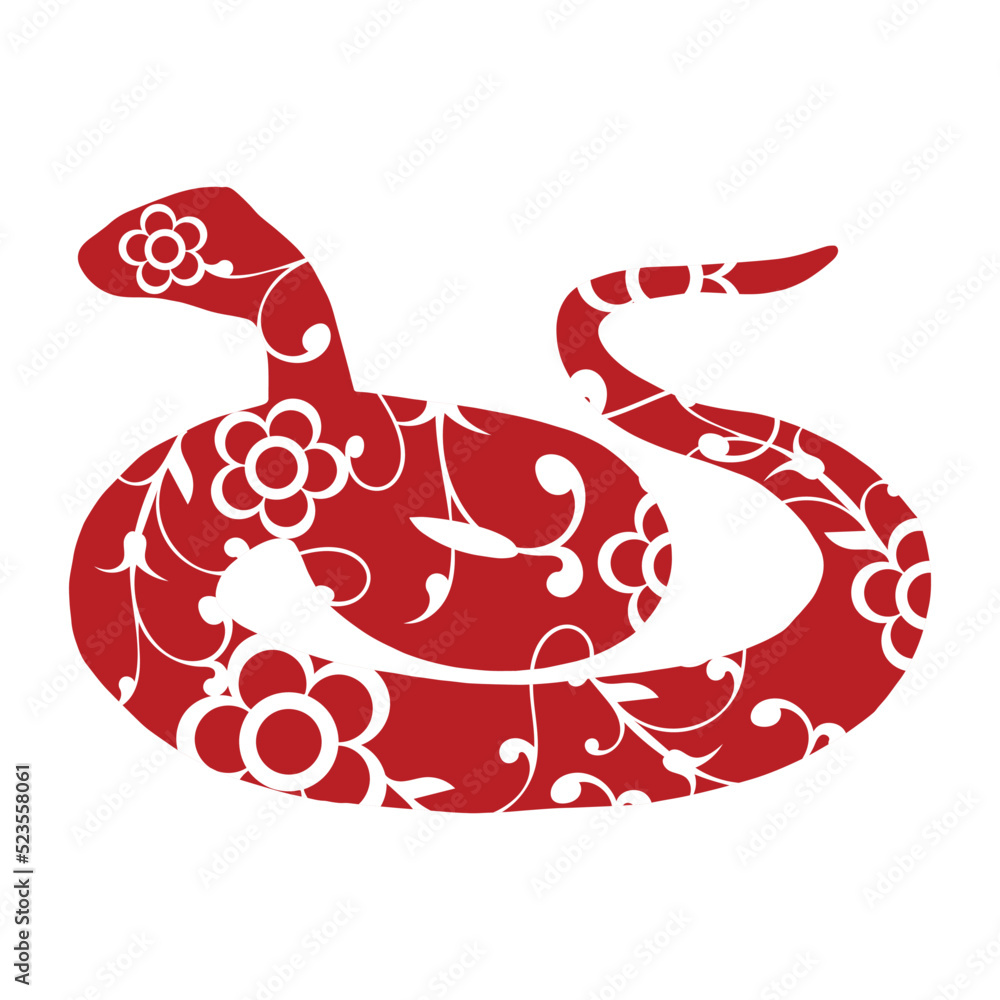 Hand drawn red snake with flowers and leaves ornaments, paper cut art ...
