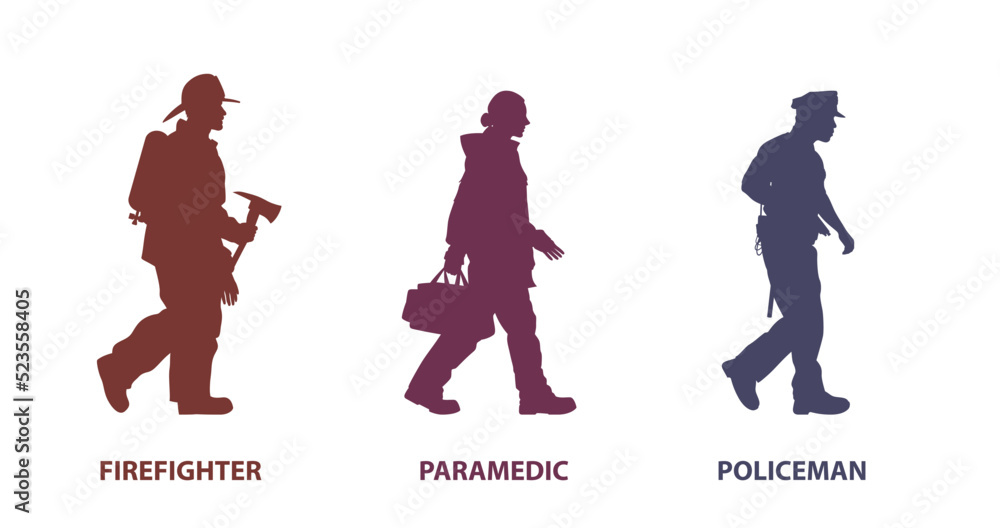 Set of silhouette. Profile walking rescue team. Firefighter. Paramedic, Policeman. Vector ...