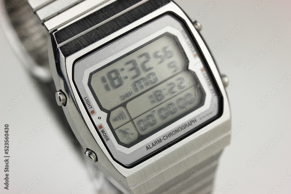digital watch silver vintage retro wristwatch 70s 80s isolated alarm ...
