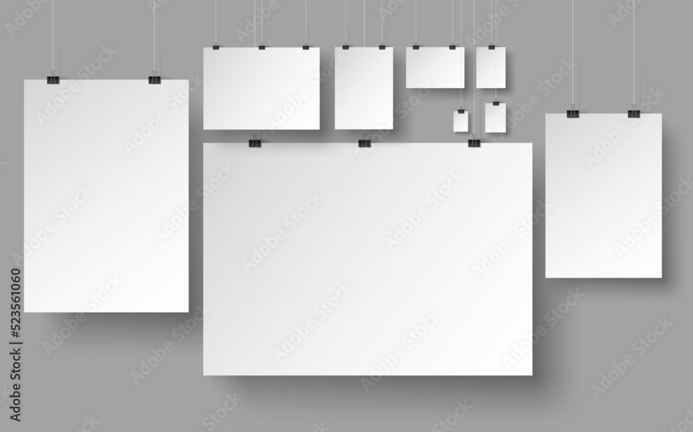 A4 paper pages on clips. Realistic blank paper sheets hanging on binder ...