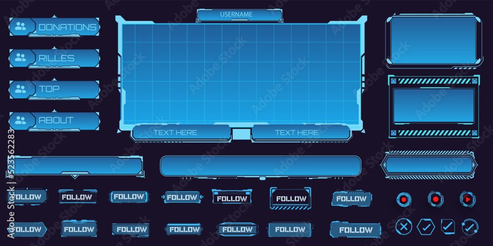 Game live stream panels, overlay frames and buttons in futuristic style ...