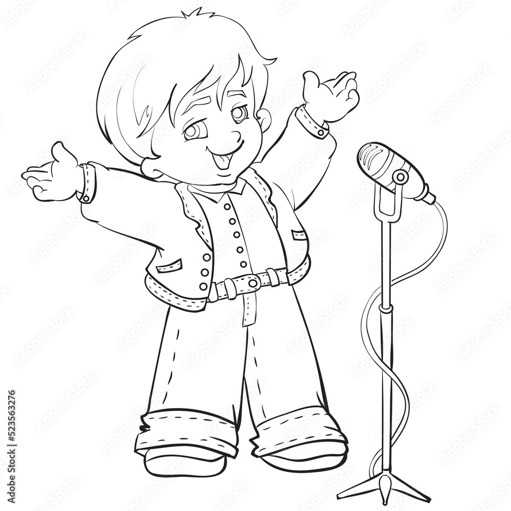 sketch, cute boy singing songs into microphone, coloring book, cartoon ...