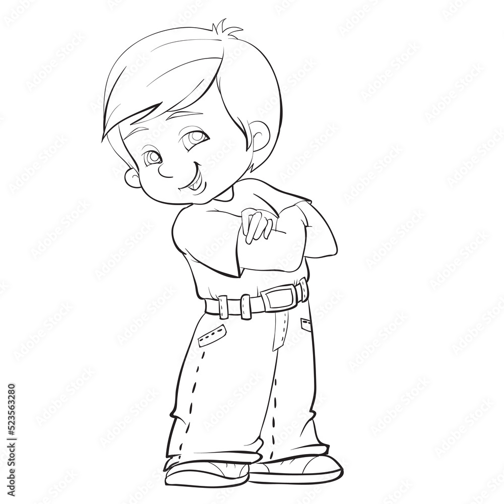 sketch, cute boy folded his arms on his chest, coloring book, cartoon ...