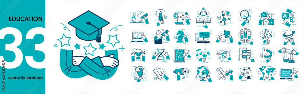 Concept illustration set. Collection of different education scenes and ...