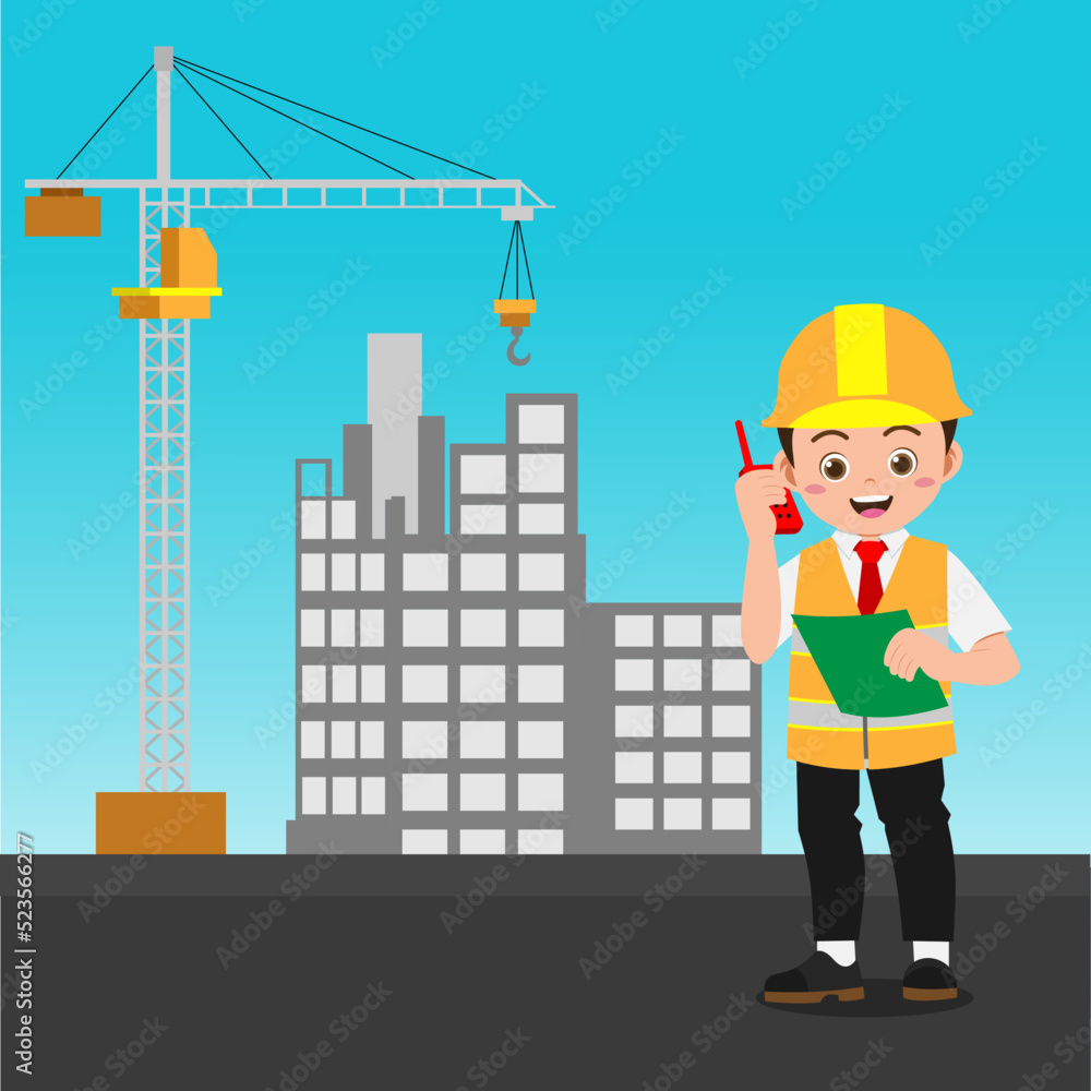 Cute Boy Working As Engineer, Background in Separated Layer For Easy ...