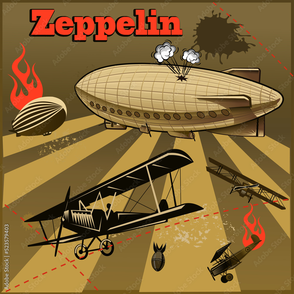 Vintage world war biplanes and Zeppelin. World War I Stock Illustration ...
