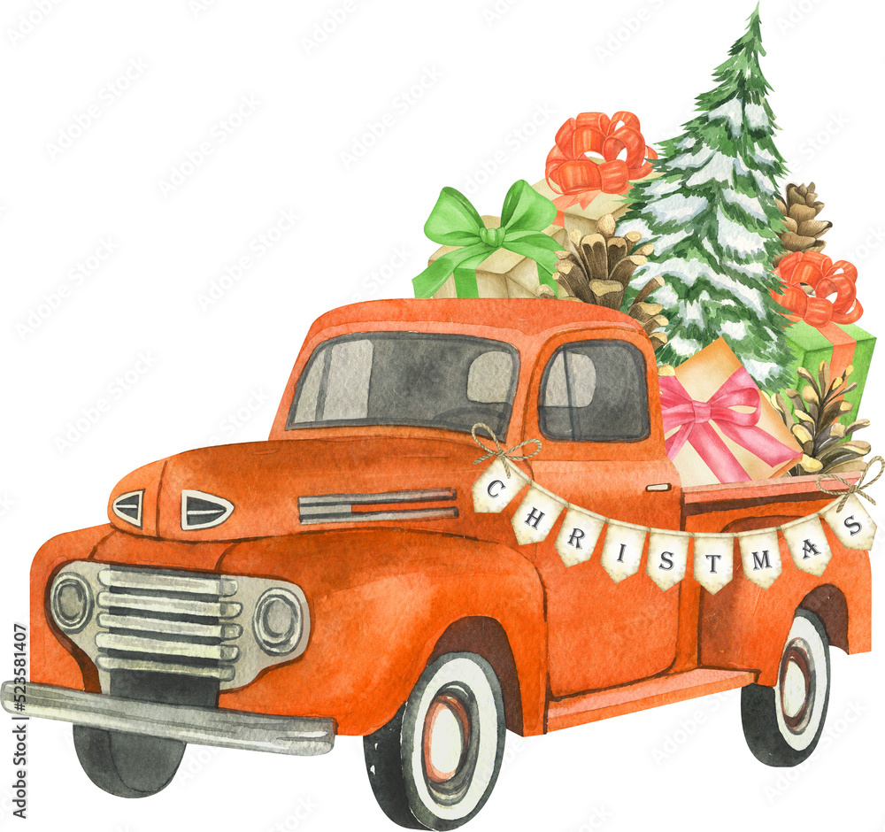 Christmas retro truck with Christmas tree, gifts and other decorations ...