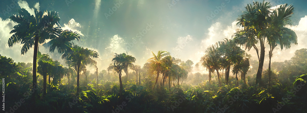 Exotic tropical palm forest at sunset, sun rays through leaves, shadows ...
