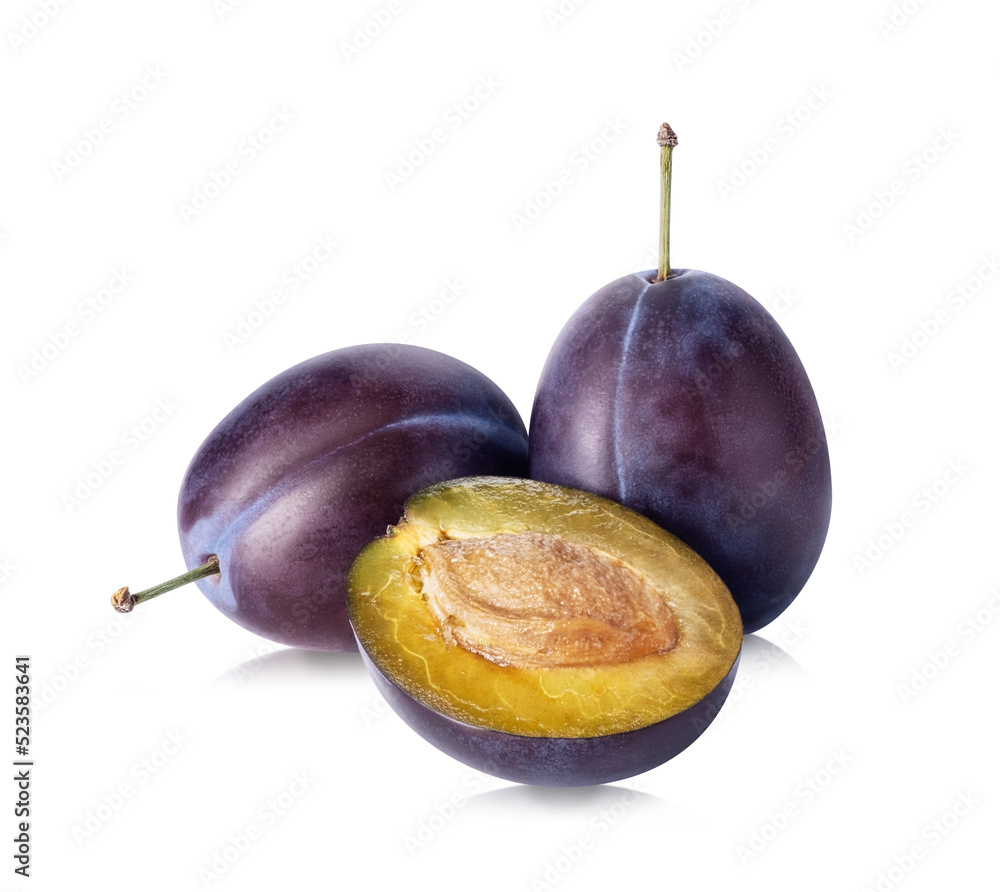 Plum fruit isolated on white background. Three fresh prunes whole and ...