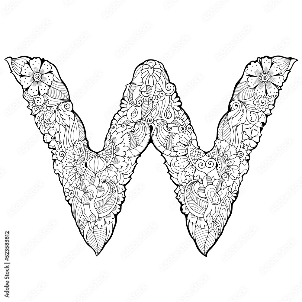 Zentangle adult coloring book style letter W. Doodle lettering sign ...